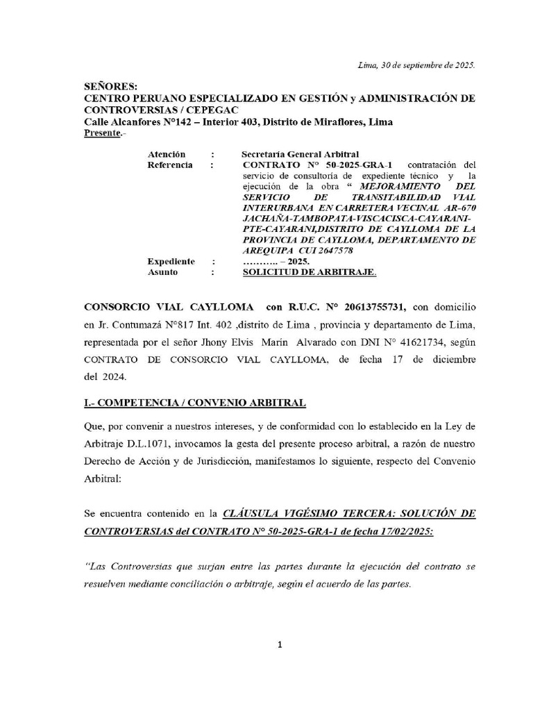Arbitraje Principal Caso Consorcio Vial Cailloma-1 | PDF