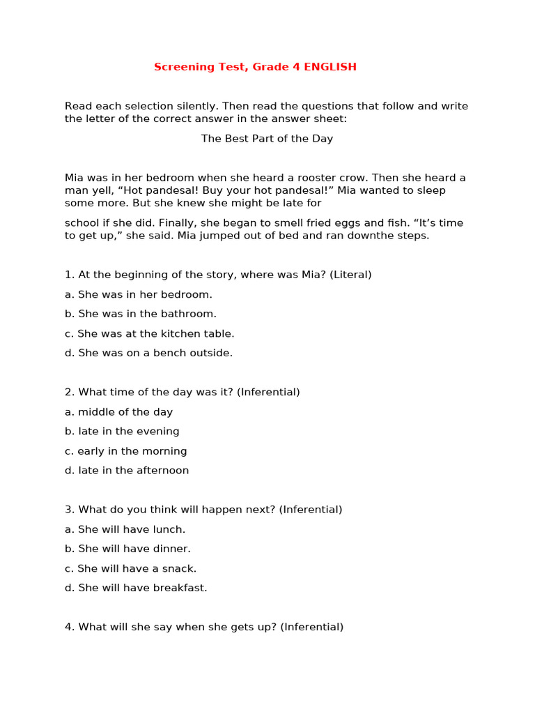 Grade 4 English Screening Test | PDF