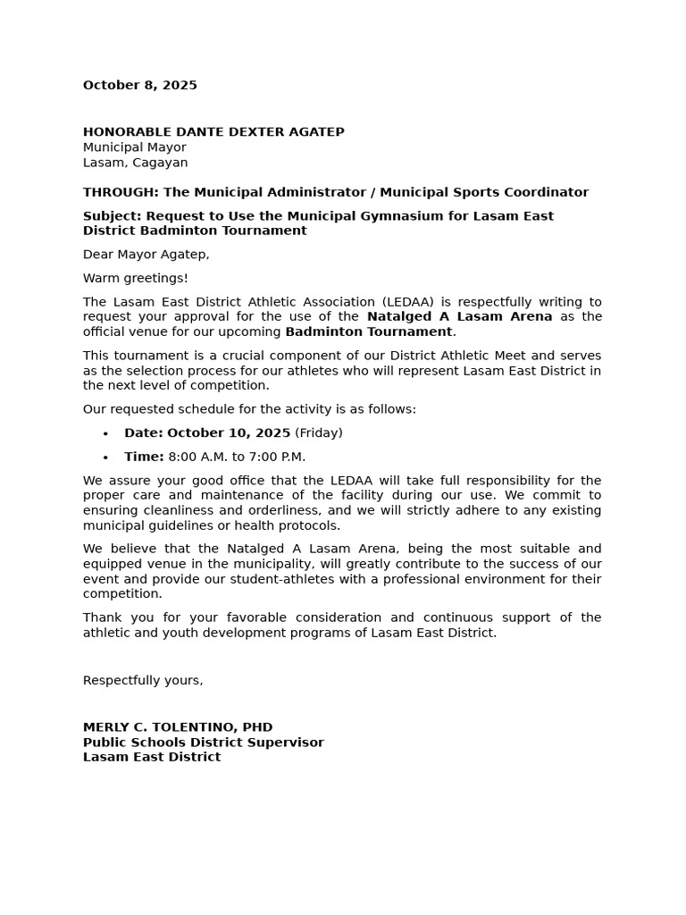 Request to Use Natalged A Lasam Arena | PDF