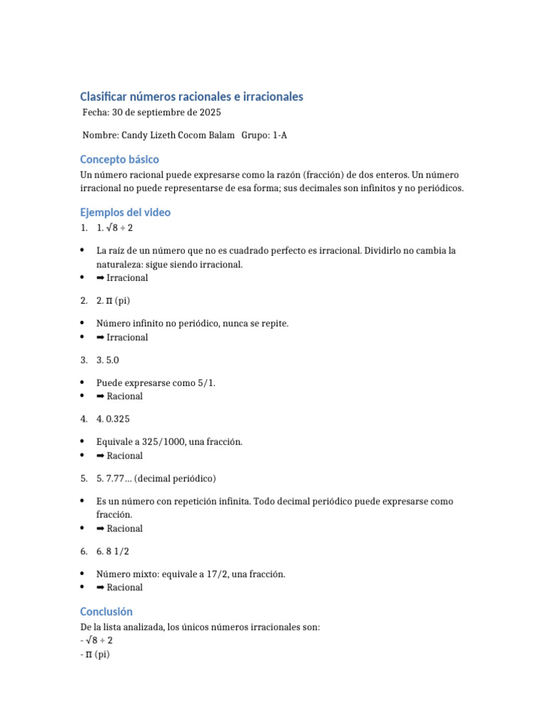 Clasificar Números Racional e Irracionales. DOC-20250930-WA0025. | PDF