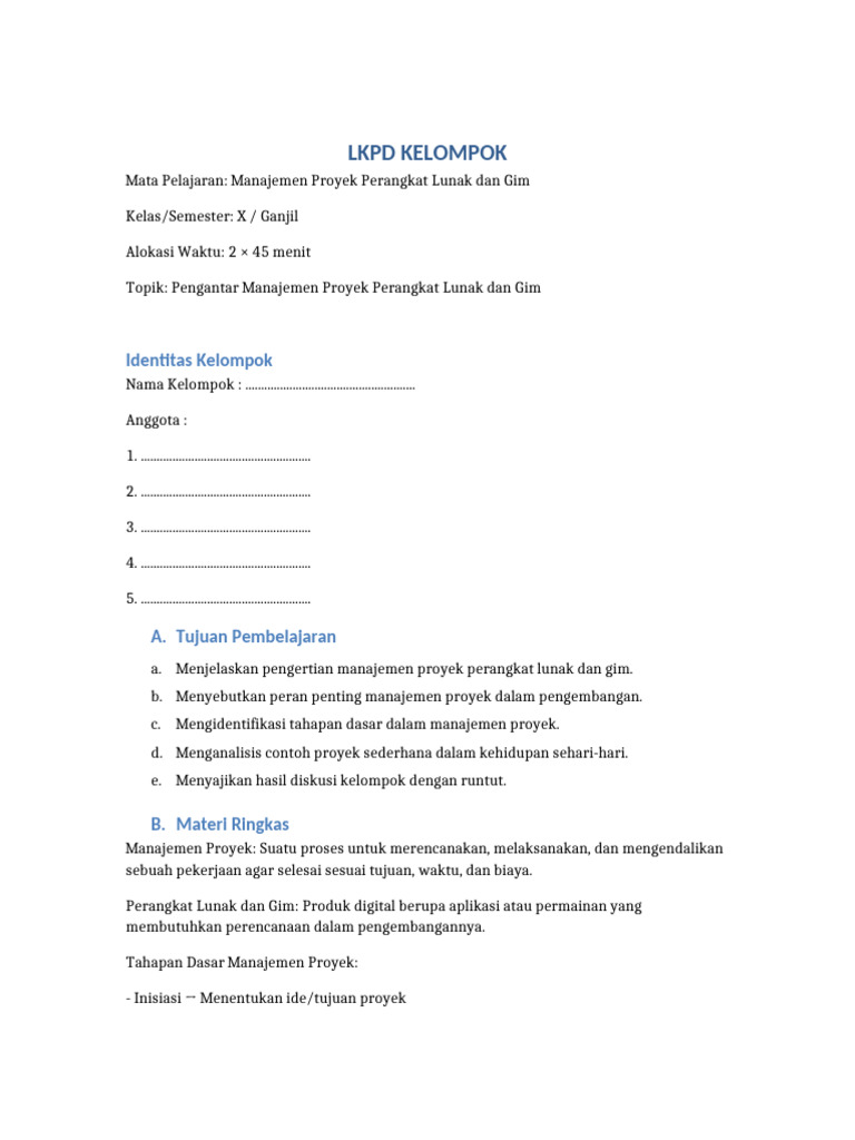 LKPD Manajemen Proyek Kelas X | PDF