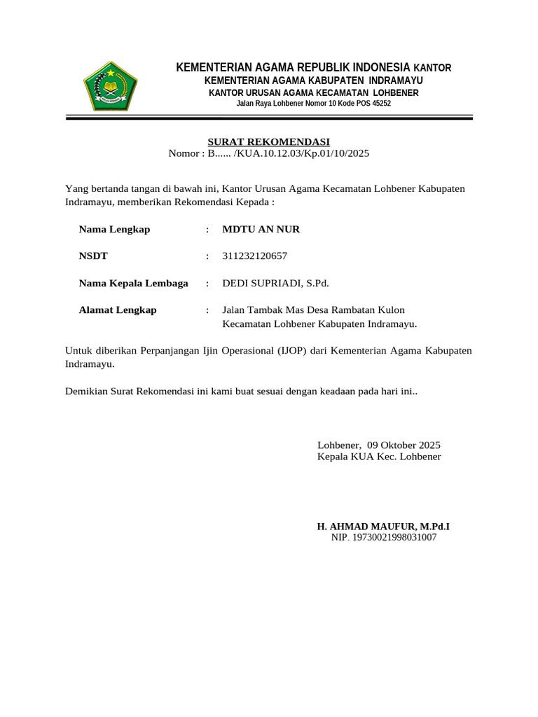 Surat Rekomendasi Mdtu Annur | PDF