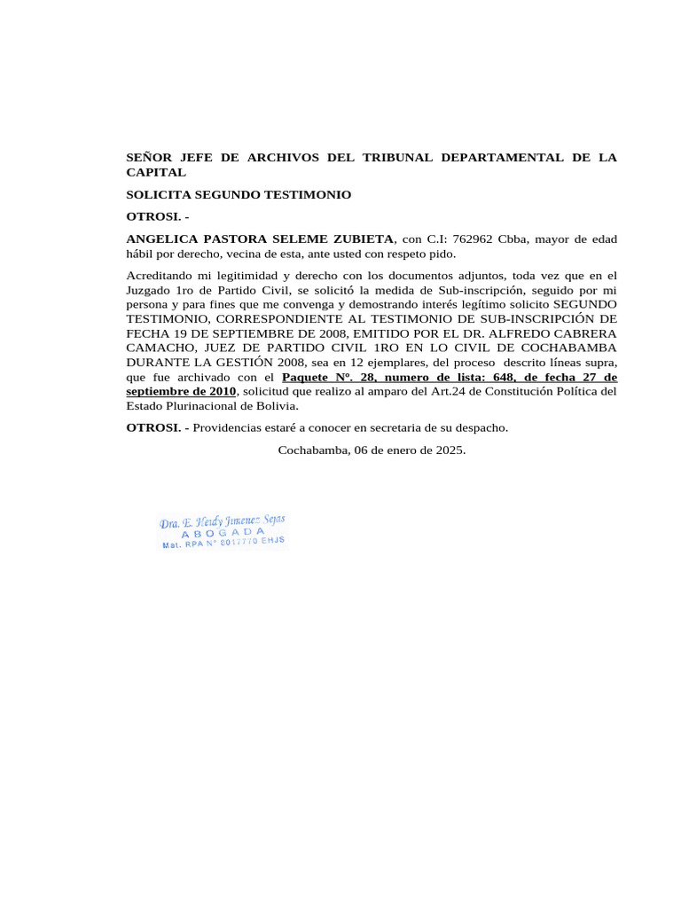 Solicitud de Segundo Testimonio Legal | PDF