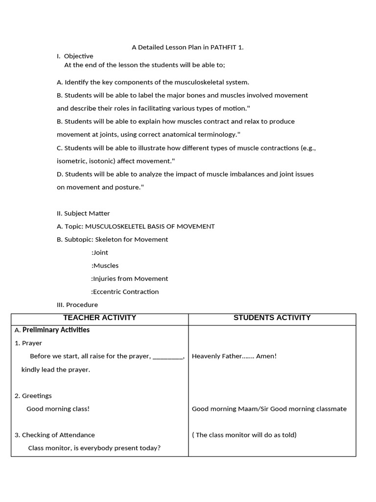 A Detailed Lesson Plan in PATHFIT 1 | PDF | Human Musculoskeletal System | Skeletal Muscle
