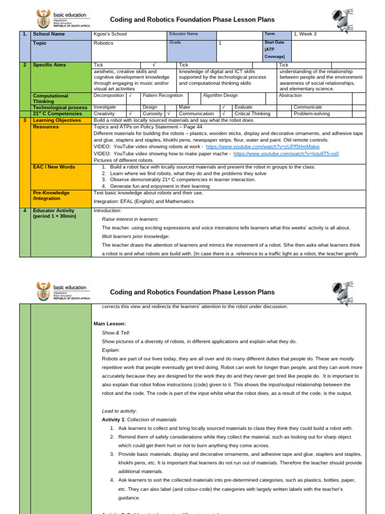 Foundation Phase Robotics Lesson Plan | PDF | Learning | Robot