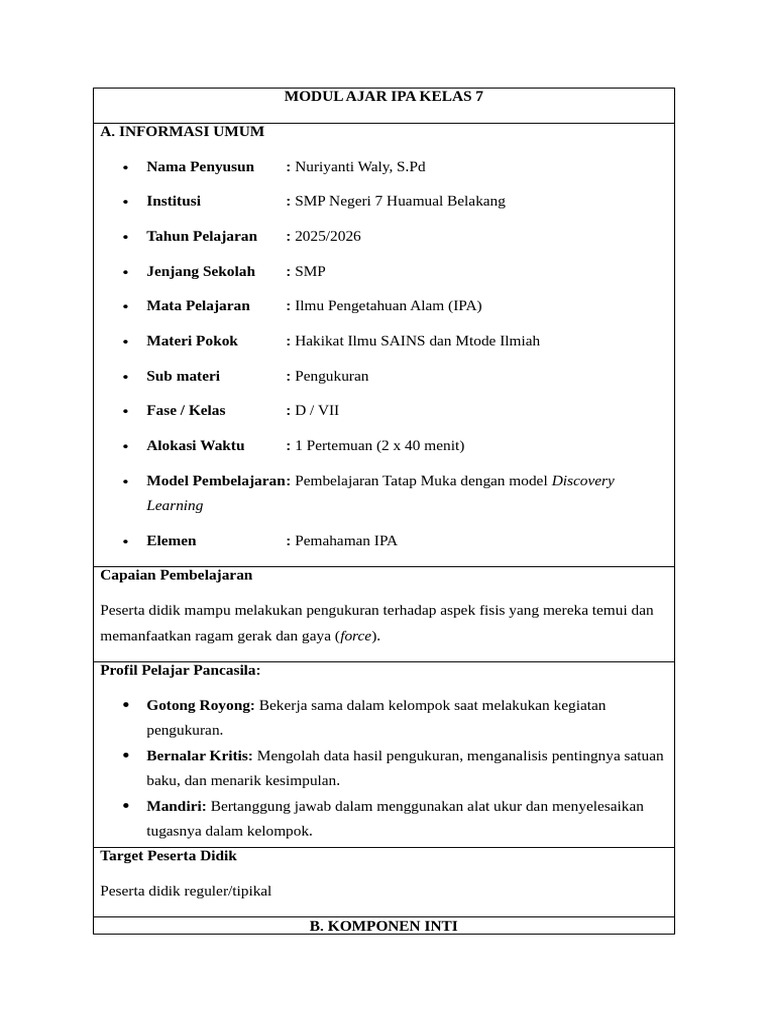 Modul Ajar IPA Kelas 7: Pengukuran Sains | PDF