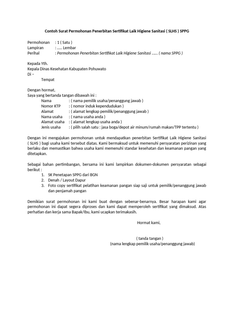 Surat Permohonan Sertifikat SLHS SPPG | PDF