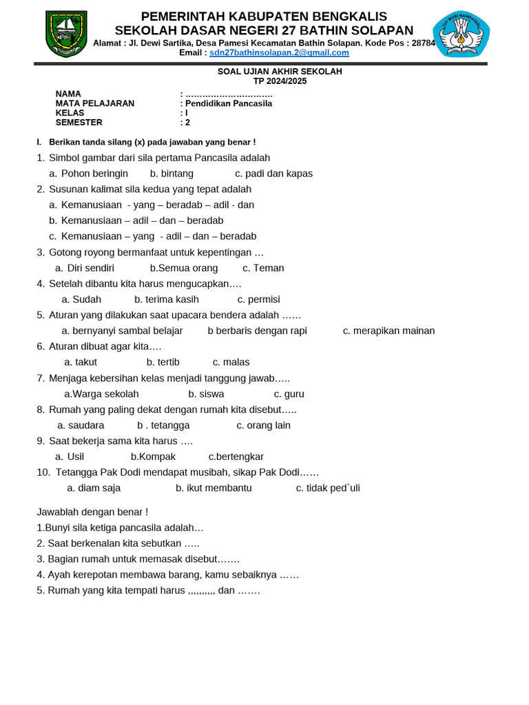 Soal Ujian Ppkn Kelas 1 2025 | PDF