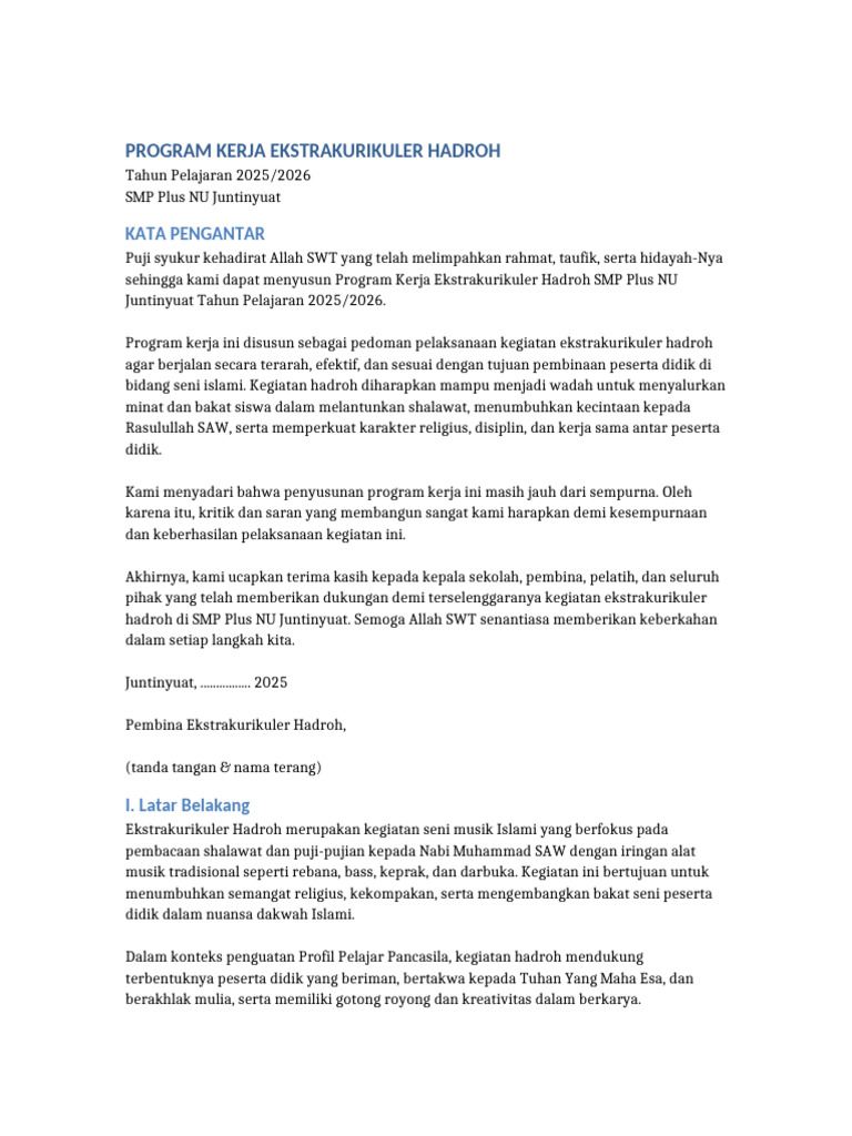 Program Kerja Ekstrakurikuler Hadroh SMP Plus NU Juntinyuat | PDF