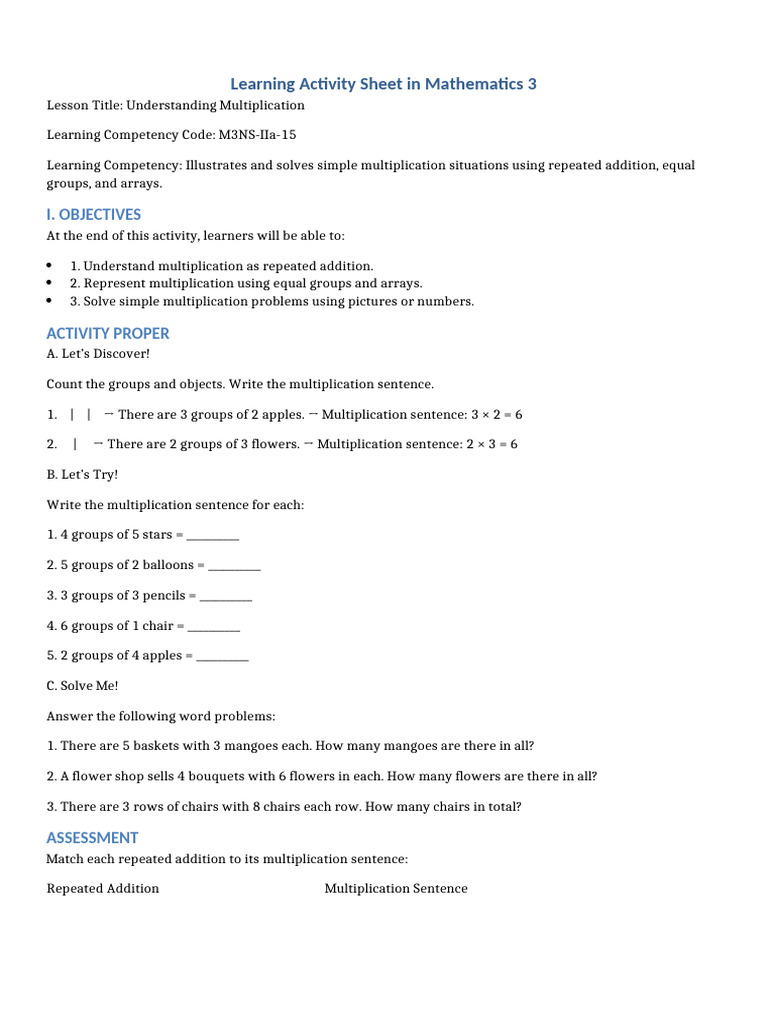 Math3 LAS Multiplication | PDF
