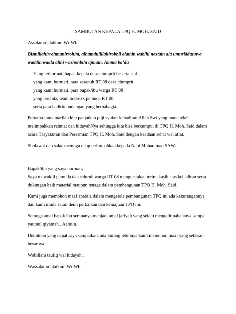 Sambutan Peresmian TPQ H. Moh. Said | PDF