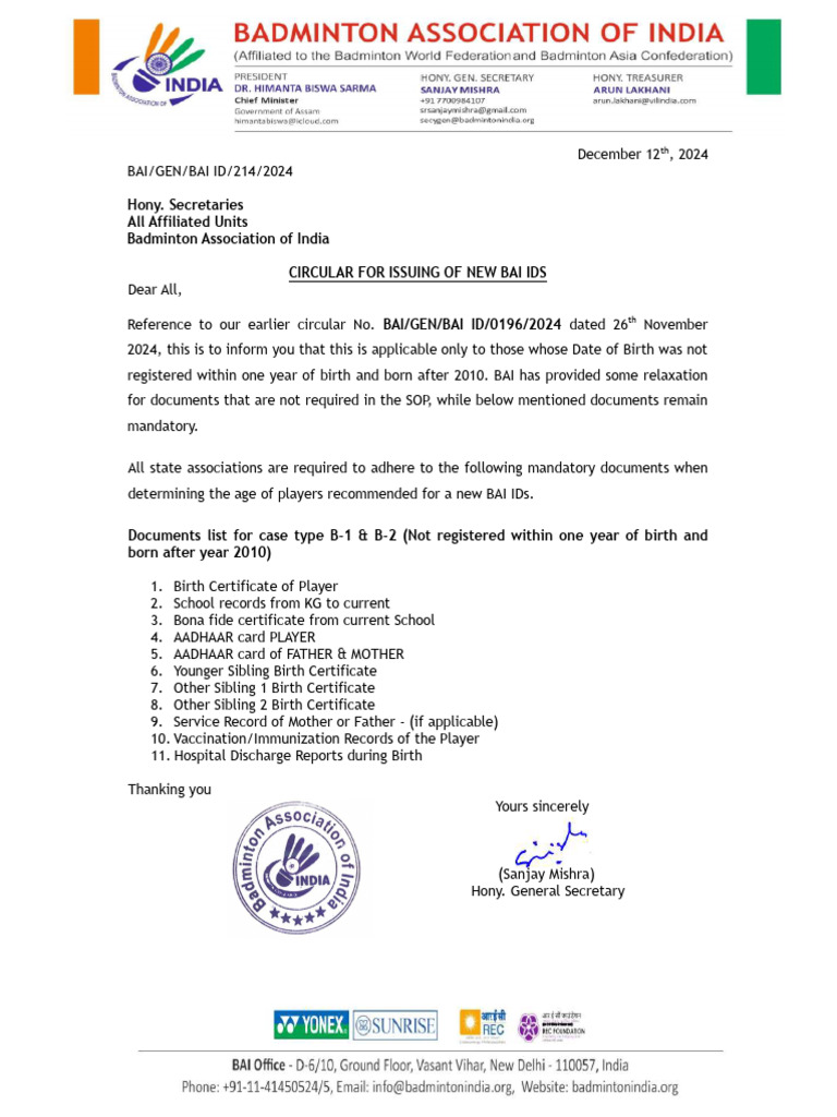 Revised Circular For New BAI IDs 12-12-24 | PDF