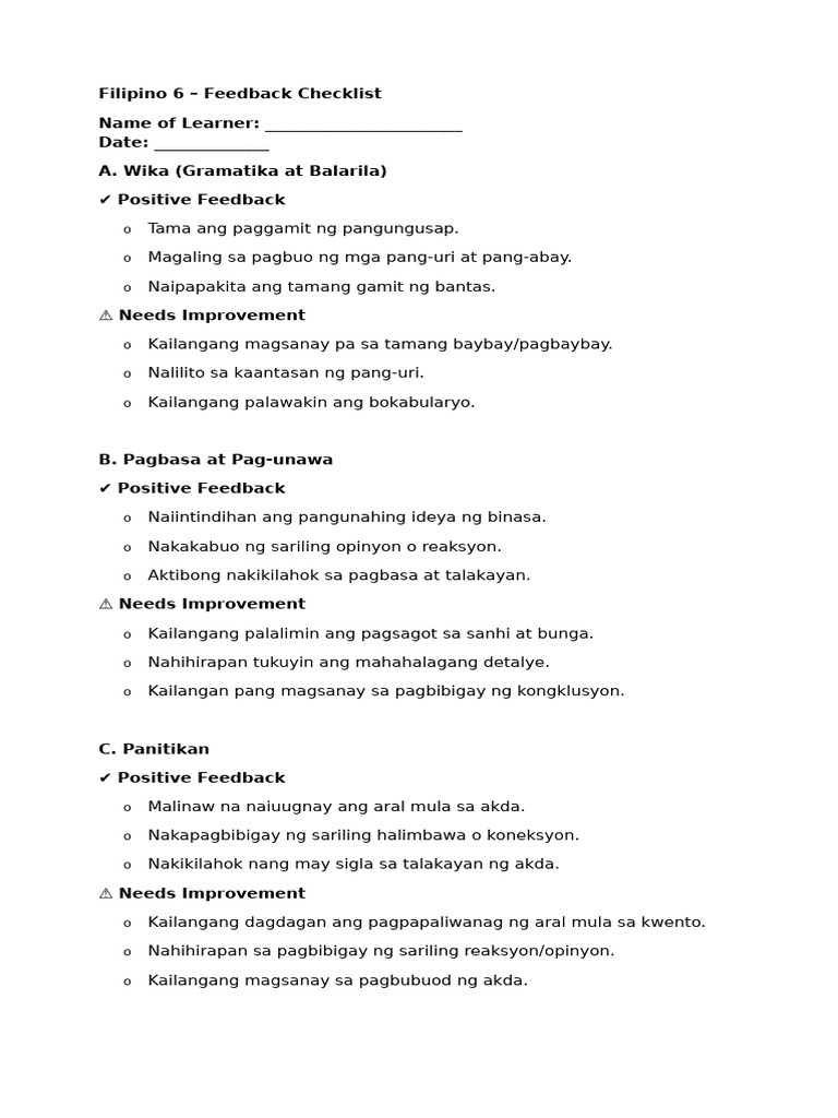 Feedback Form TLE:Filipino | PDF | Creativity | Psychology