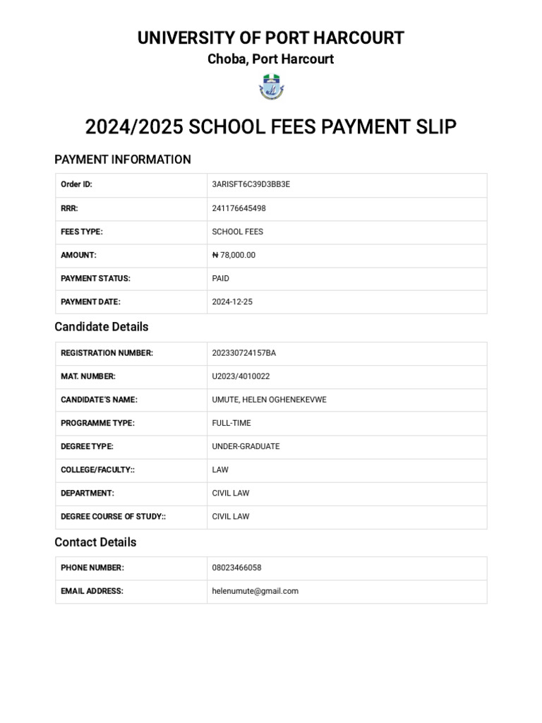 UNIPORT 2024/2025 School Fees Slip | PDF