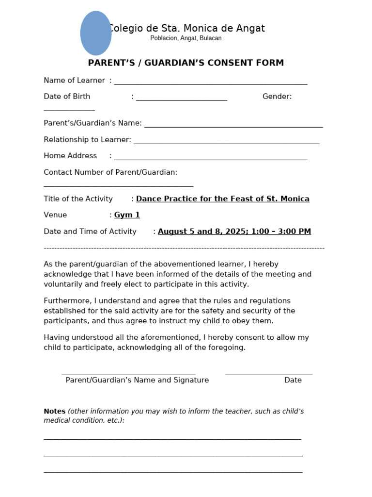 Parent Consent for Dance Practice | PDF
