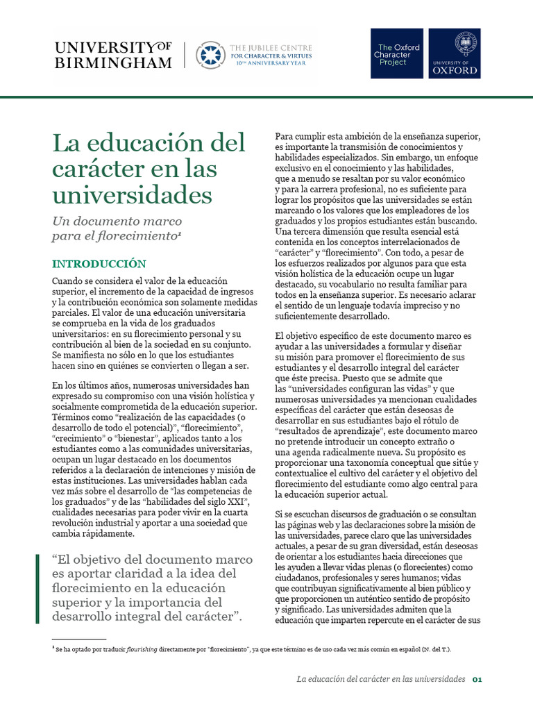 La Educacion Del Caracter en Las Universidades. Un Documento Marco para ...