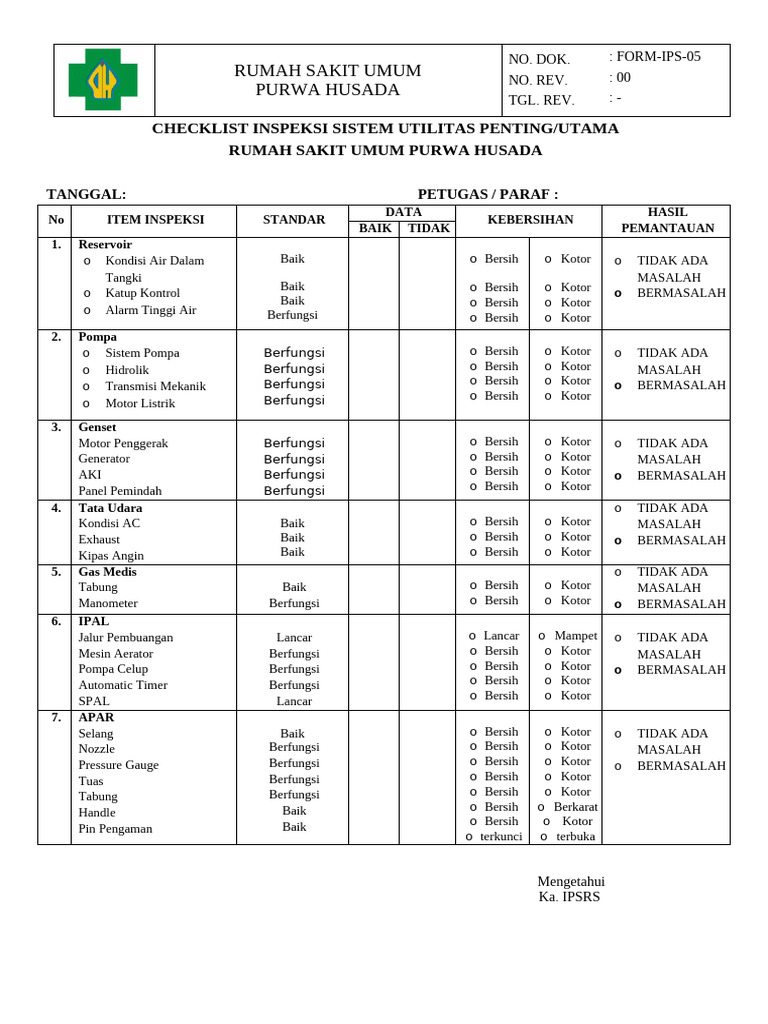 Checklist Inspeksi Utilitas RS Purwa Husada | PDF