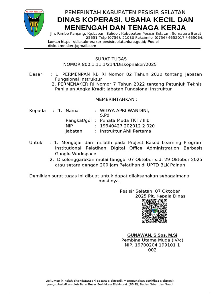 Surat Tugas Pelatihan Digital 2025 | PDF