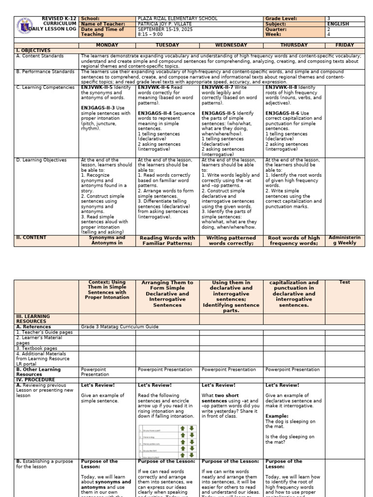 Grade 3 English Lesson Plan: Vocabulary | PDF | Word | Sentence ...