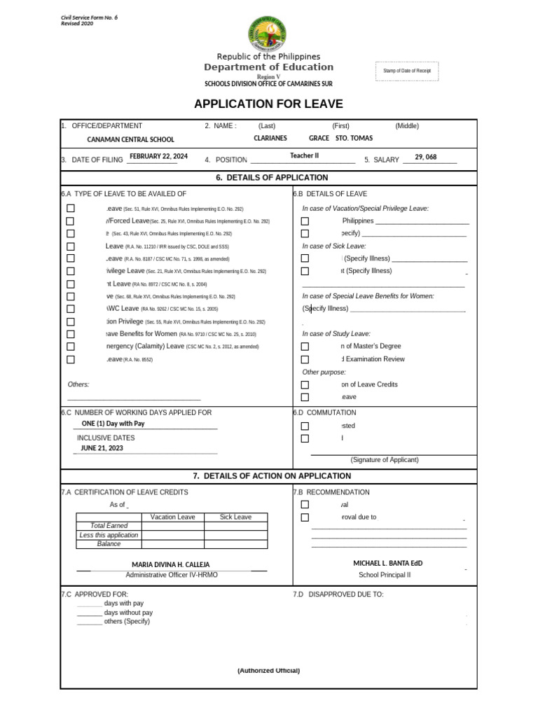 Cs Form No. 6 Application For Leave 2021 1 | PDF | Parental Leave ...