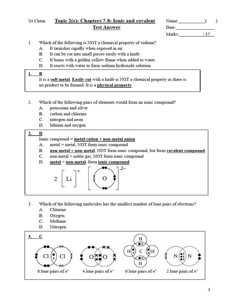 Ionic and Covalent Compounds Test | PDF | Chemical Bond | Chemical ...