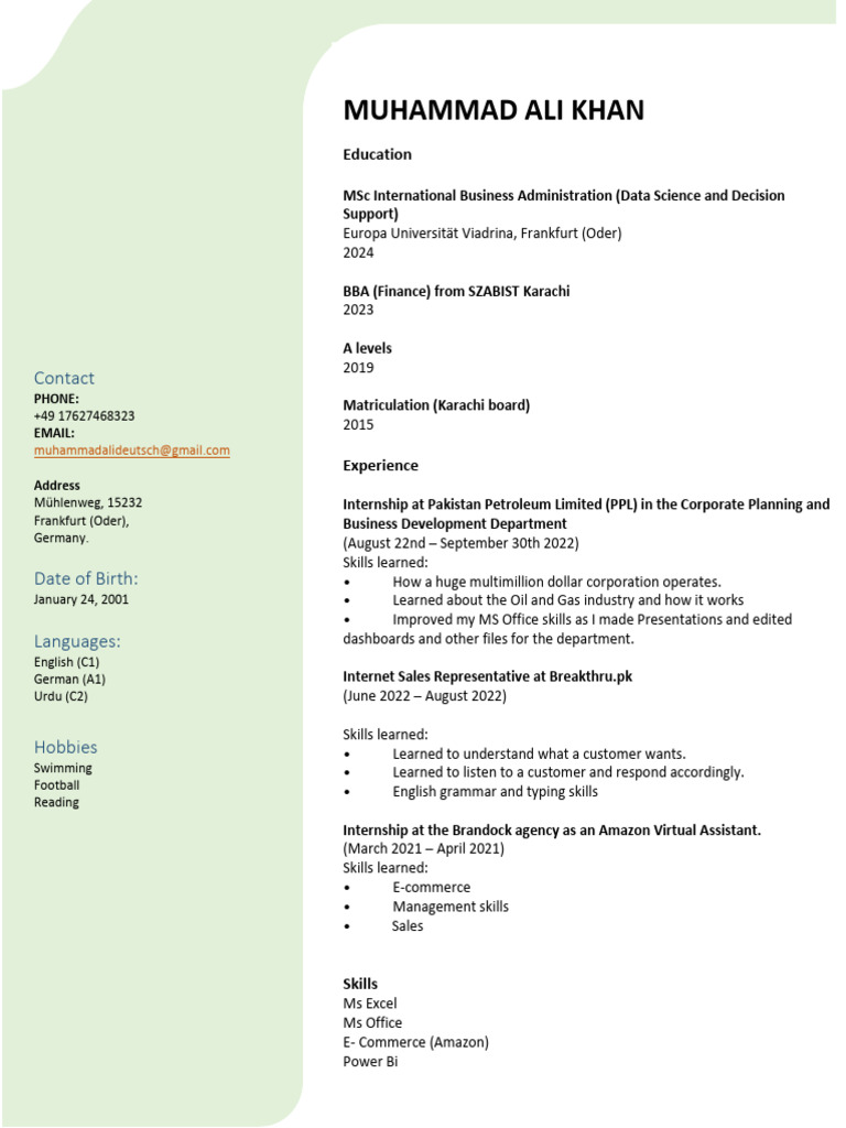 Resume Muhammada Ali Khan | PDF