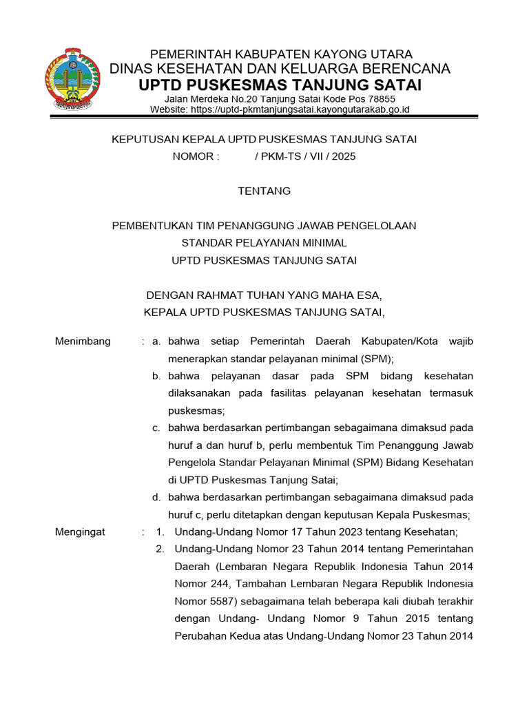 Pembentukan Tim SPM Puskesmas Tanjung Satai | PDF