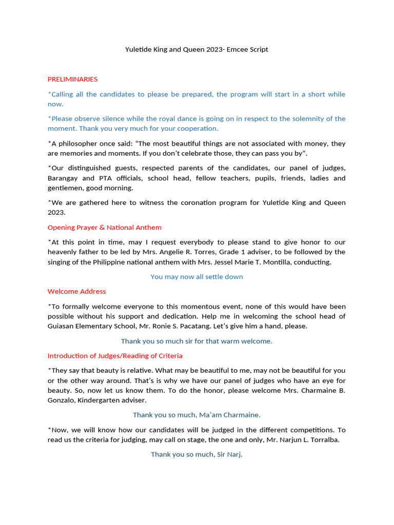 Yuletide King and Queen 2023 Emcee Script | PDF