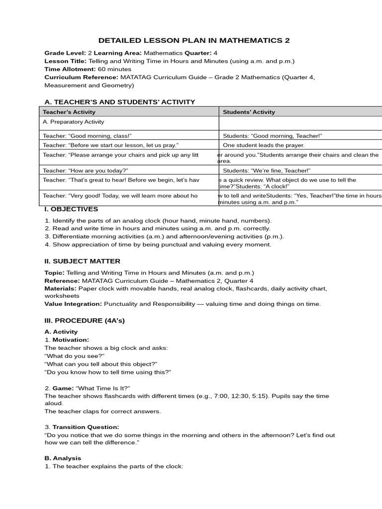 Detailed Lesson Plan Math2 Telling Time LongBond | PDF | Teaching ...