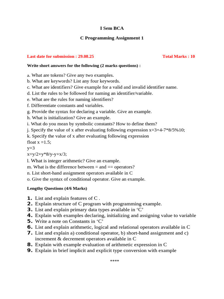 C Assignment 1 Aug 2025 | PDF