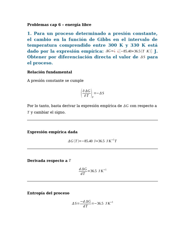 Problemas Cap 6 - Energía Libre | PDF | Energía libre de Gibbs | Gases
