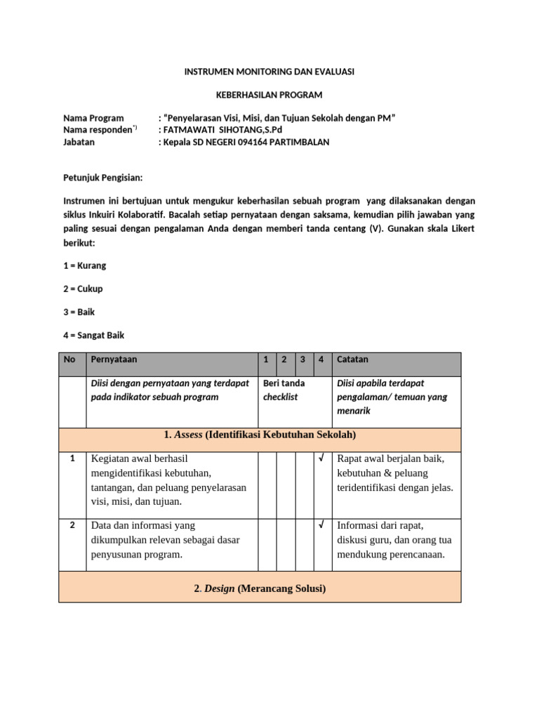 Instrumen Monev Keberhasilan Program PM | PDF