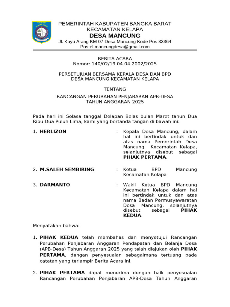 Persetujuan APB-Desa Mancung 2025 | PDF