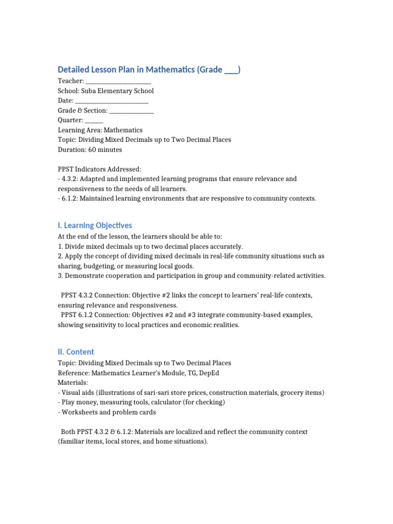 Lesson Plan Dividing Mixed Decimals PPST 4.3.2 6.1.2 | PDF | Learning ...