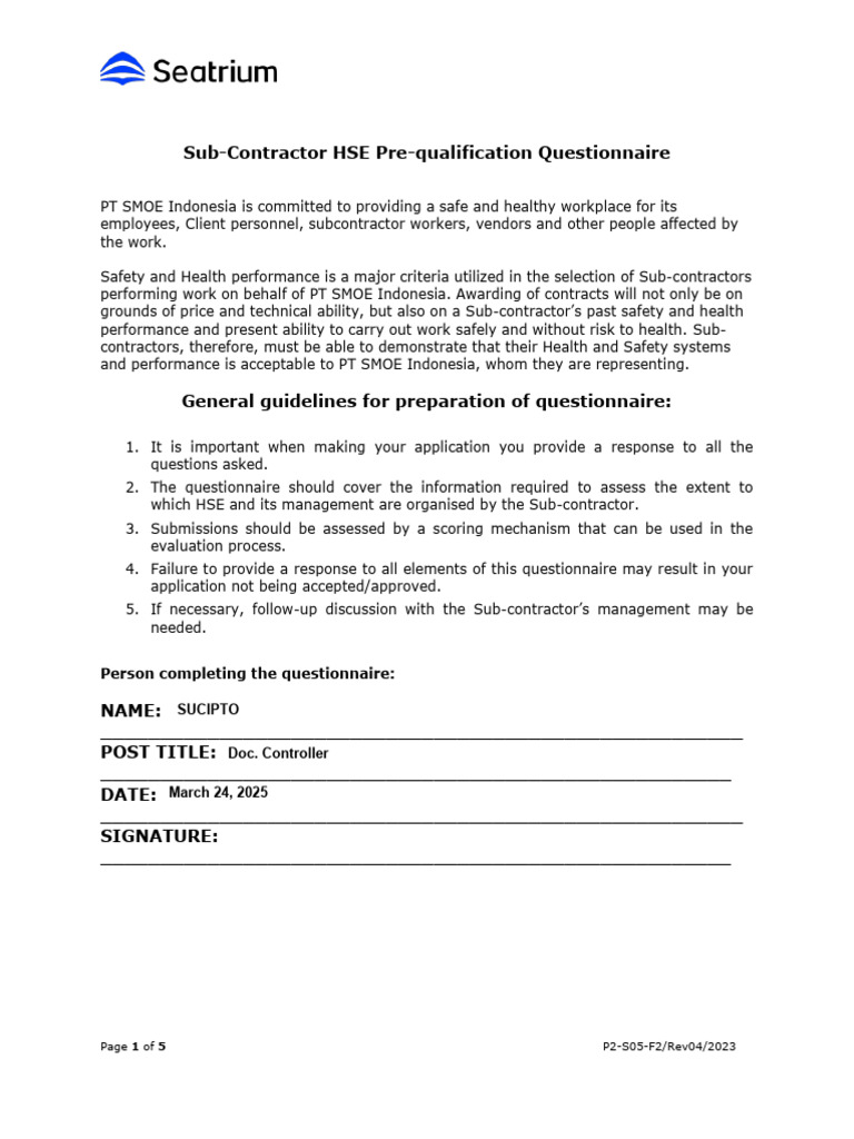 Sub-Contractor HSE Pre-Qualification Form | PDF | Personal Protective ...