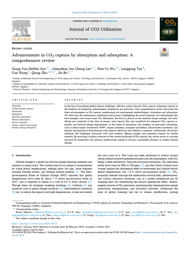 Advancements in CO2 Capture by Absorption and Adsorption-A ...