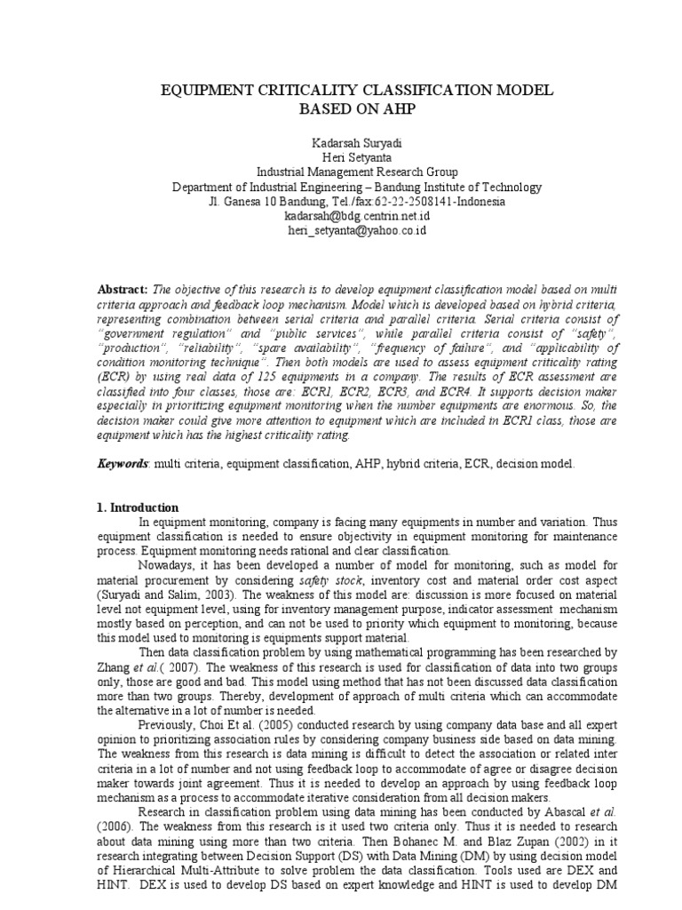 Equipment Criticality Assessment Model | PDF | Reliability Engineering ...
