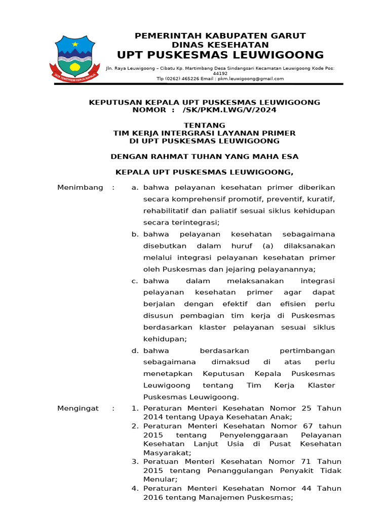 Draft SK Tim Kerja Ilp Sotk Uraian Tugas PKM LWG | PDF