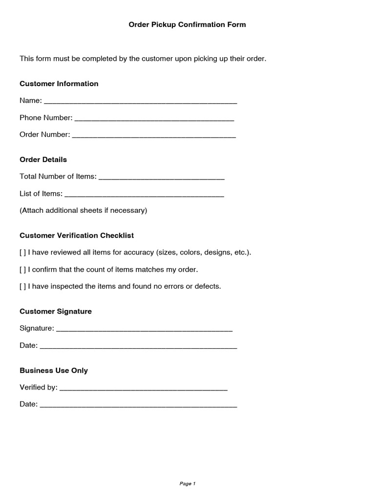 Order Pickup Confirmation Form | PDF
