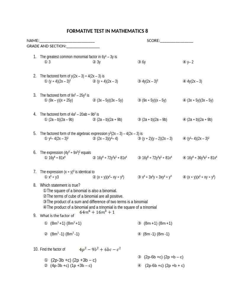 Grade 8 Mathematics Formative Test | PDF | Algebra | Equations