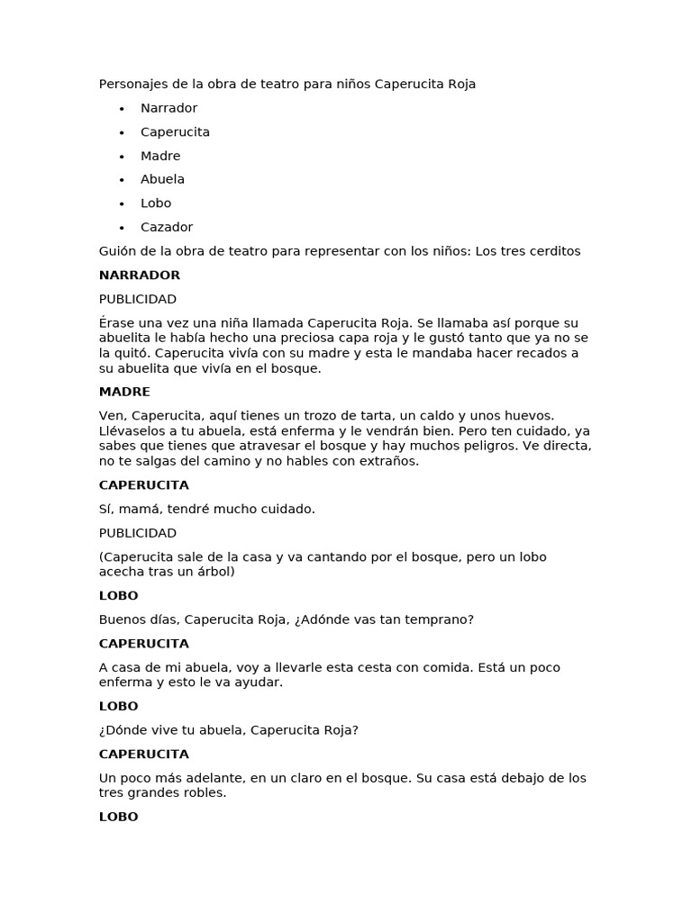 Personajes de La Obra de Teatro para Niños Caperucita Roja | PDF ...