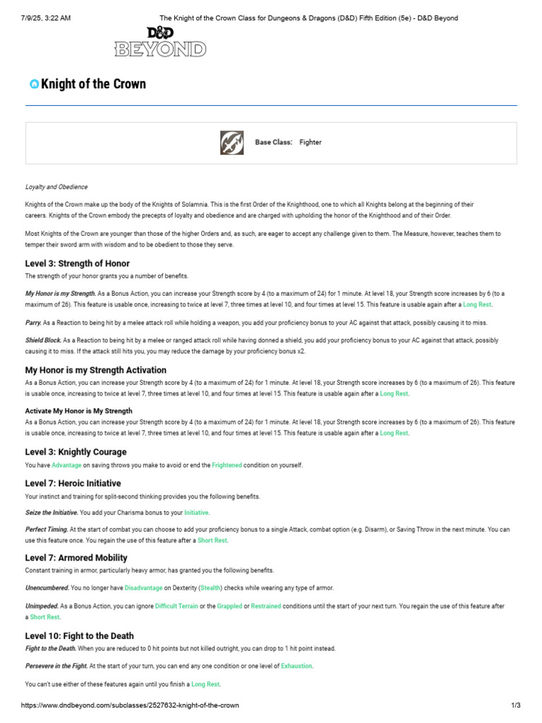 Knight of the Crown Features Overview | PDF | Dungeons & Dragons ...