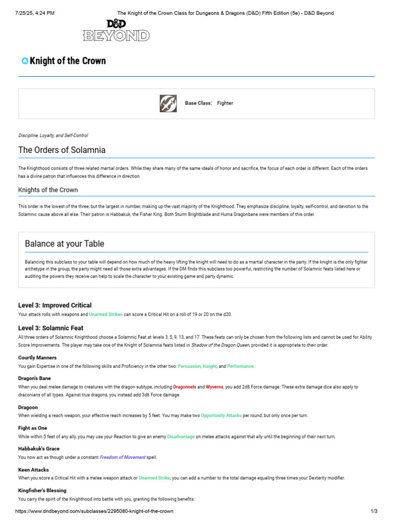 The Knight of The Crown Class For Dungeons & Dragons (D&D) Fifth ...