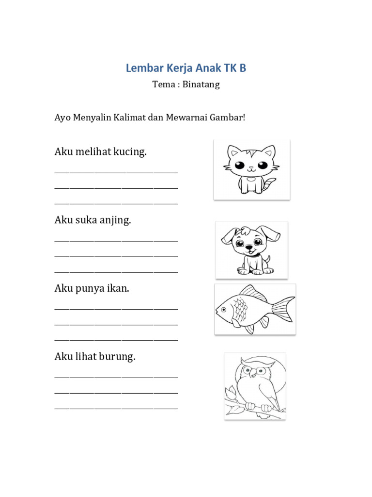 Lembar - Kerja - Binatang Menyalin Dan Mewarnai | PDF