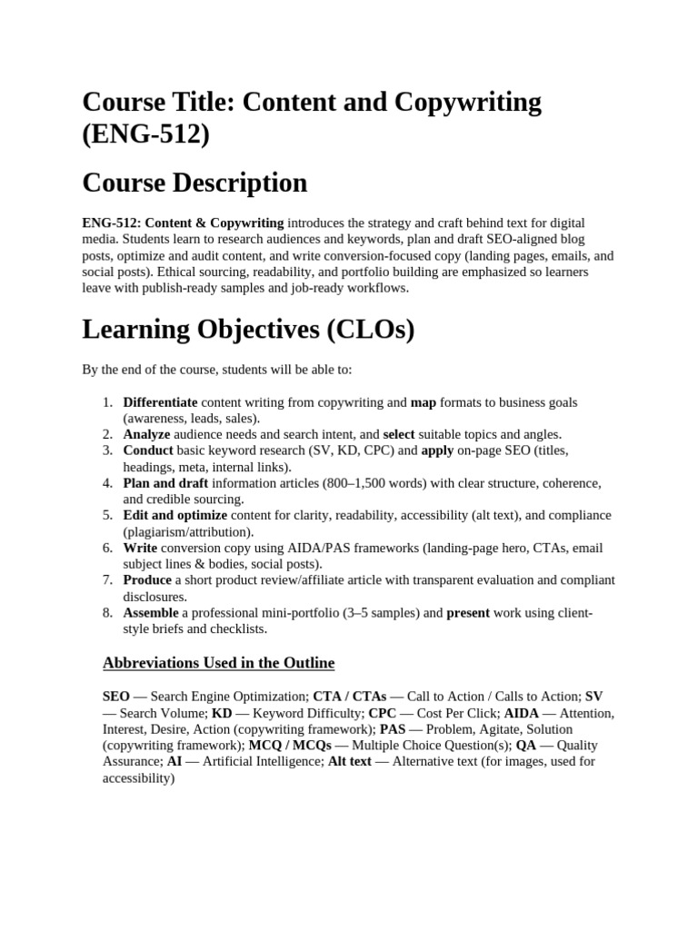 Content Writing and Copywriting - Outline | PDF | Search Engine ...