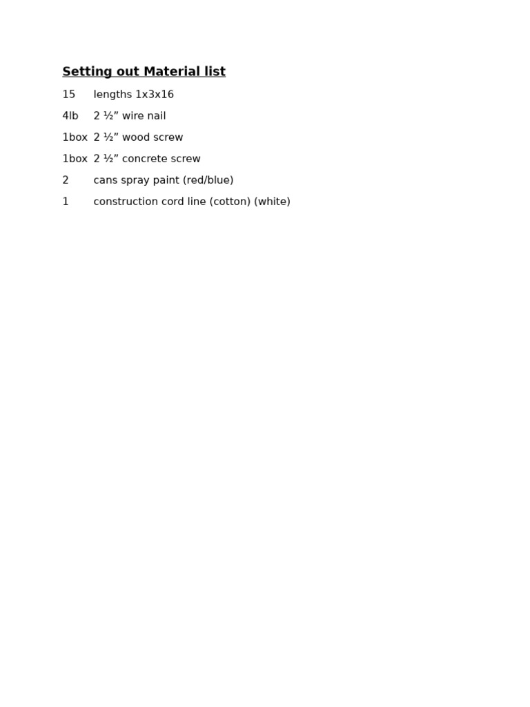 Setting Out Material List | PDF