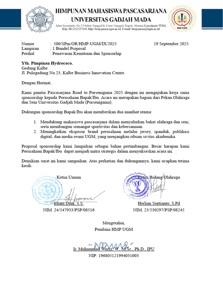 Surat Pengantar Sponsorship Porsenigama 2025 | PDF