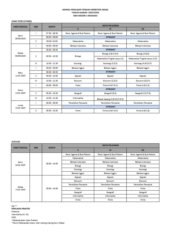 Jadwal Ujian Tengah Semester 2025 | PDF
