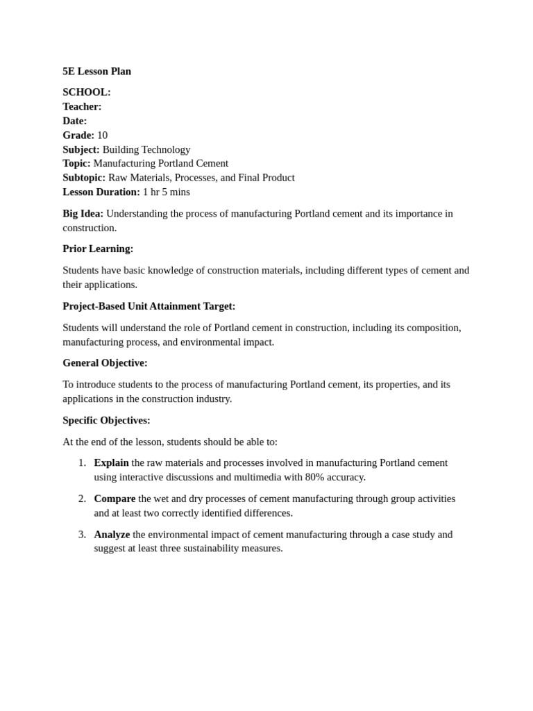 Portland Cement Manufacturing Lesson Plan | PDF | Cement | Learning