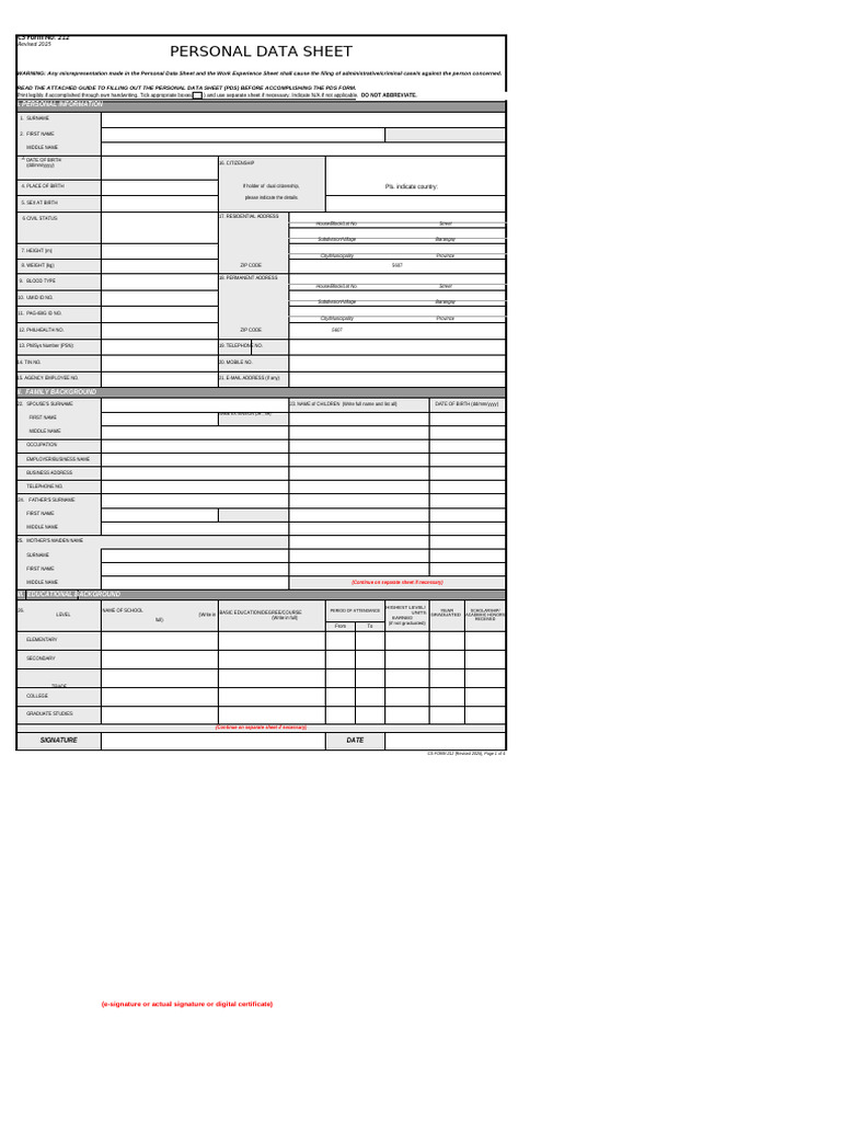 CS Form No. 212 Revised 2025 - Personal Data Sheet | PDF | Affidavit | Government And Personhood